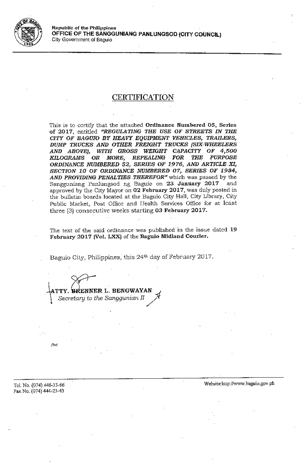 Ord 005-2017 - truck ban - Bachelors of Science in Hospitality ...