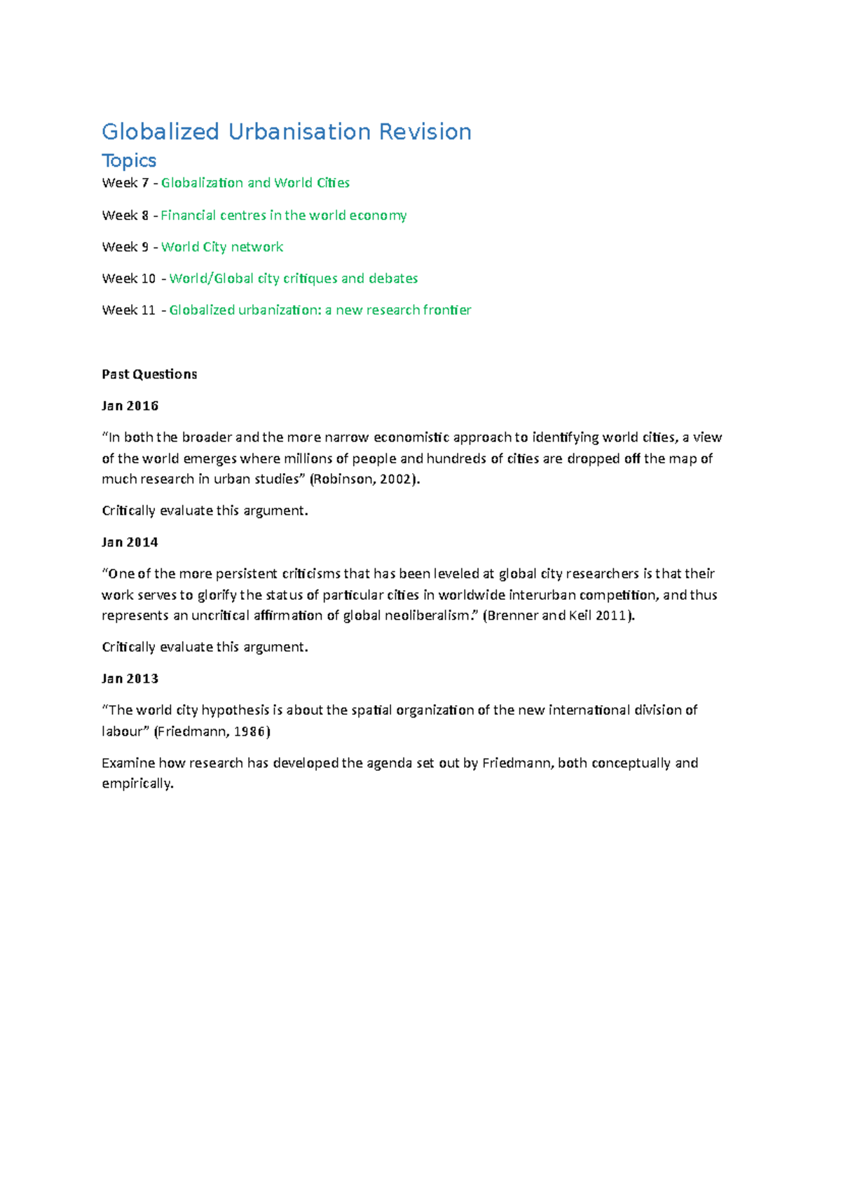 Globalised Urbanisation Revision notes - Globalized Urbanisation ...
