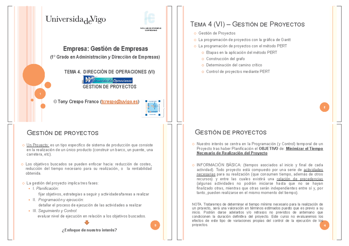 2023 24-TEMA 4. Dirección Operaciones (VI) - Proyectos - Empresa: Gestión de Empresas (1º Grado ...
