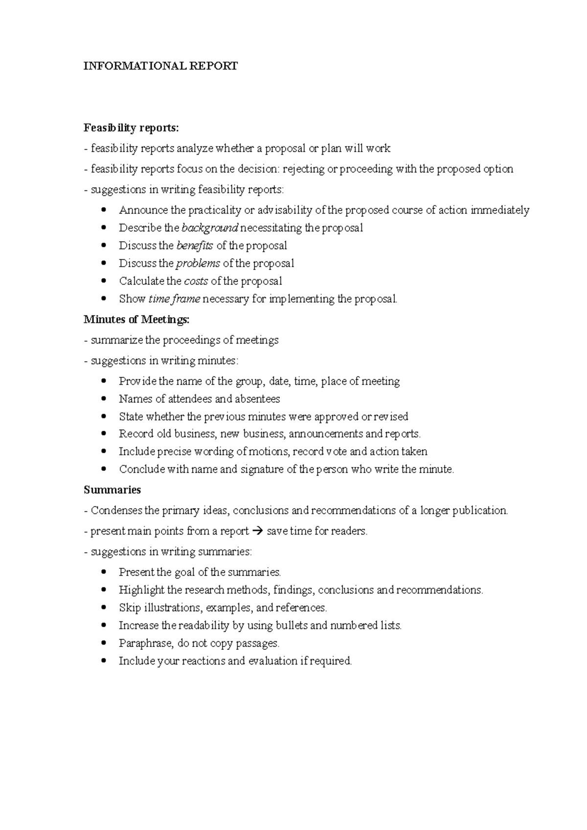 Summary of informal reports - INFORMATIONAL REPORT Feasibility reports: feasibility reports ...