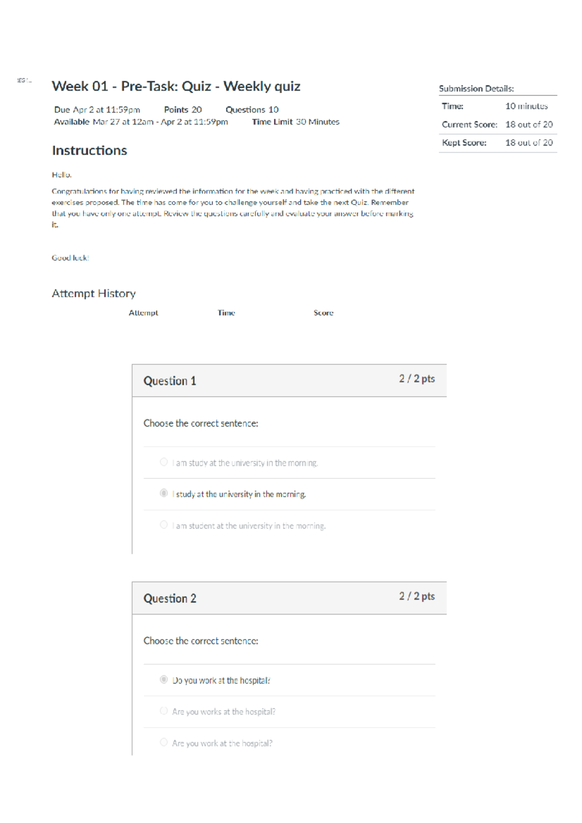 Week 01 Quiz Weekly quiz Ingles 3 - Ingles III - Studocu
