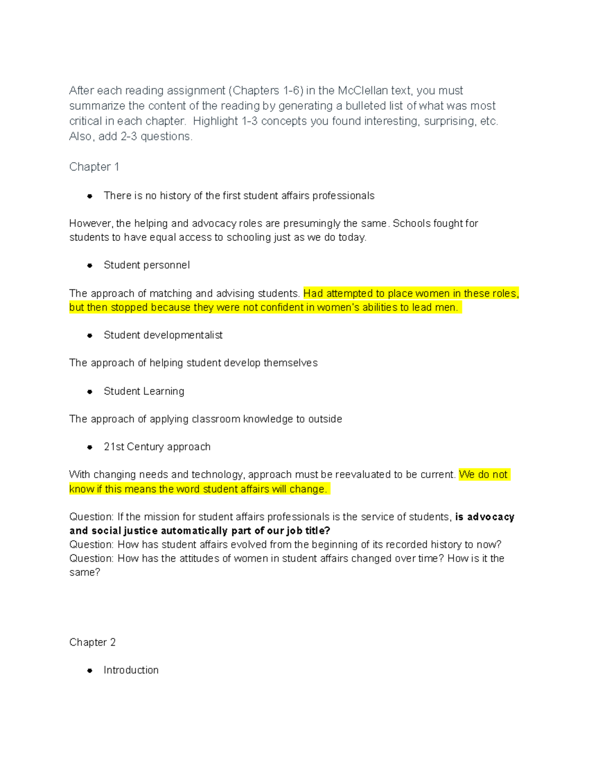 Summary 1 - After each reading assignment (Chapters 1-6) in the ...