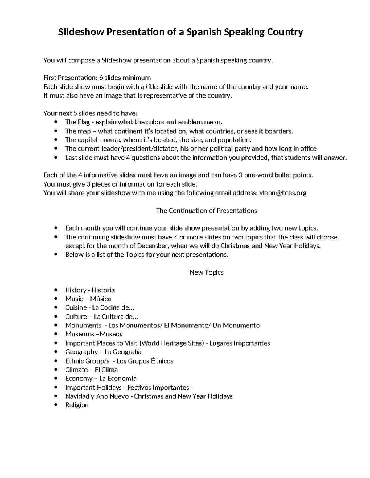 Rubric Topics and Reqirements - Slideshow Presentation of a Spanish ...