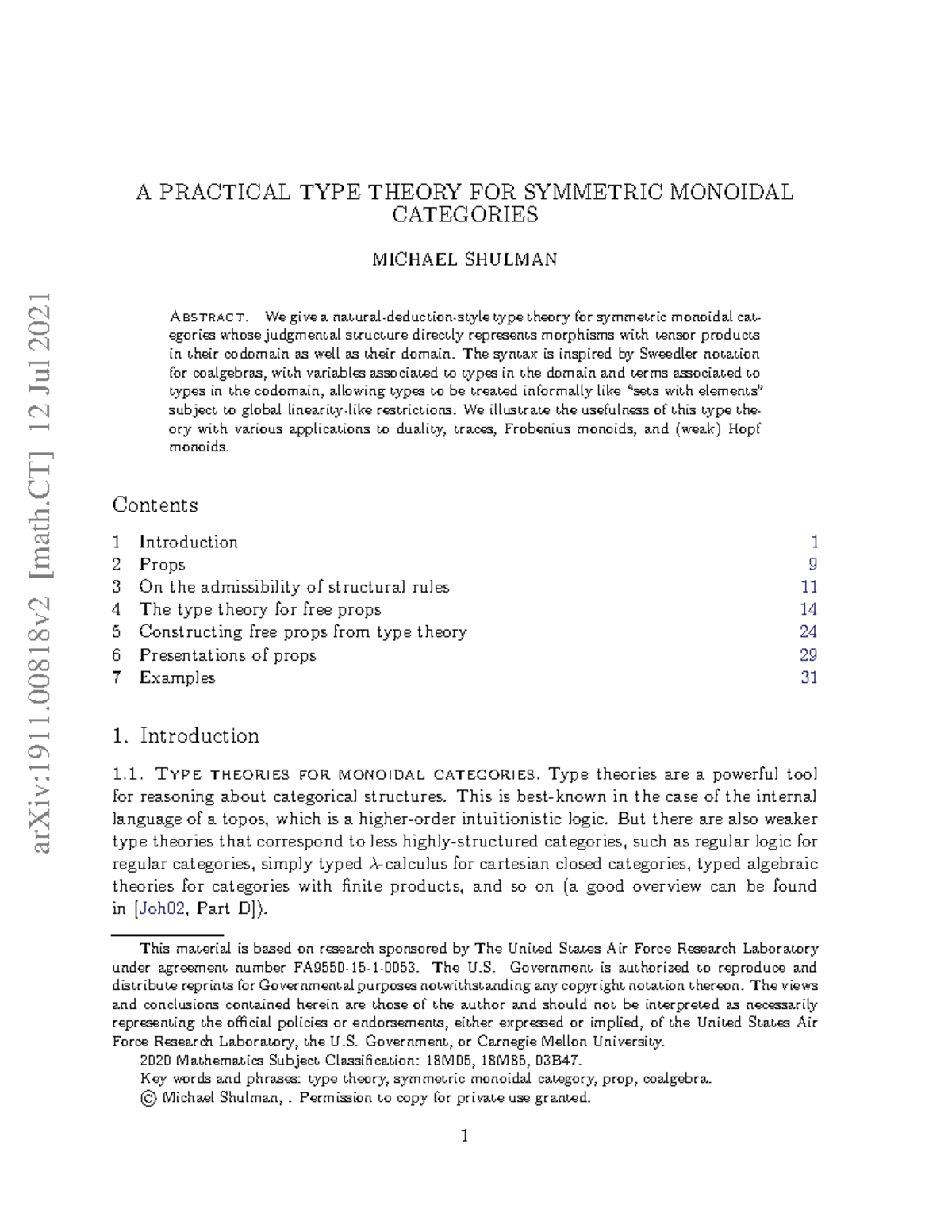 A Practical TYPE Theory FOR Symmetric Monoidal Categories - arXiv:1911 [math] 12 Jul 2021 A ...