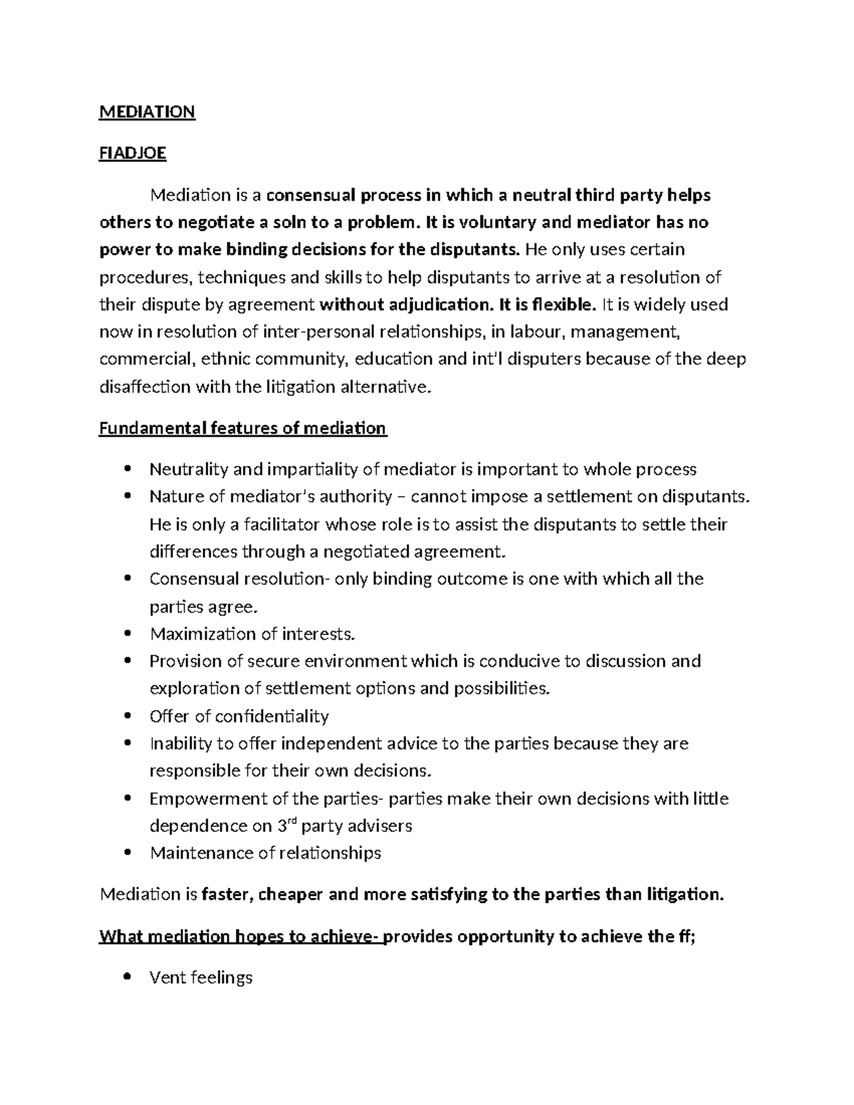 ADR Notes- Mediation - MEDIATION FIADJOE Mediation is a consensual ...