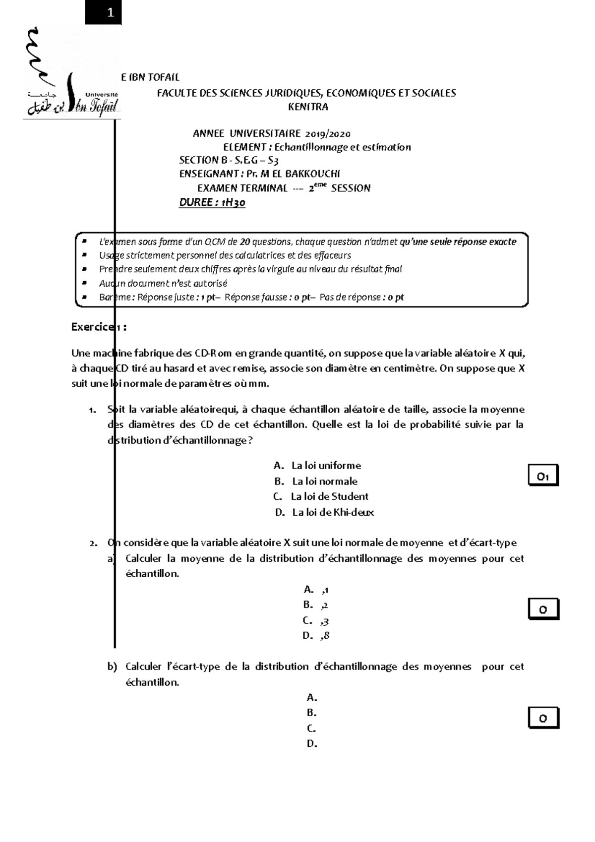 Examen S3 Rat - exams échantillonnage et estimation ibn tofail ...