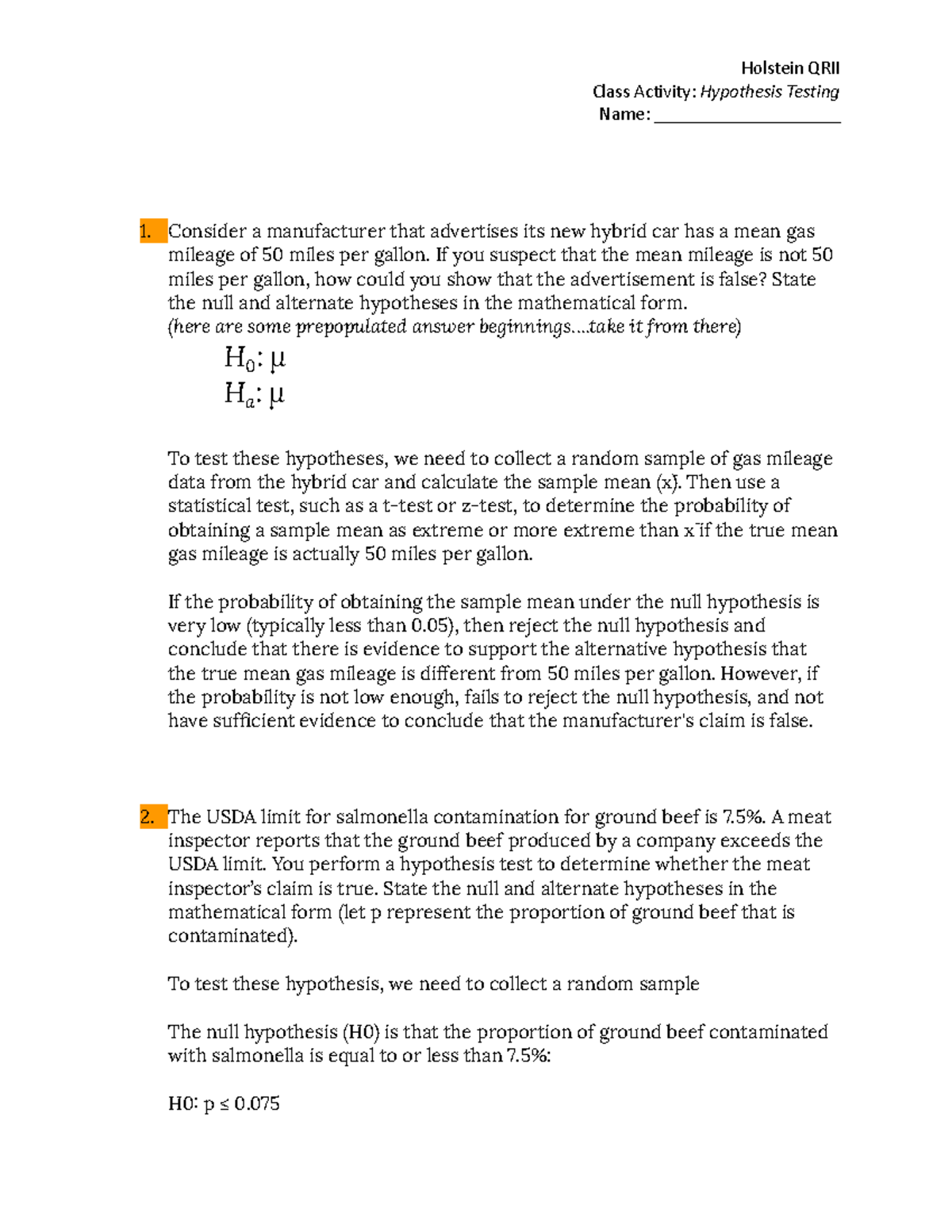 QRII Class Activity 10 Hypothesis Testing - Holstein QRII Class ...