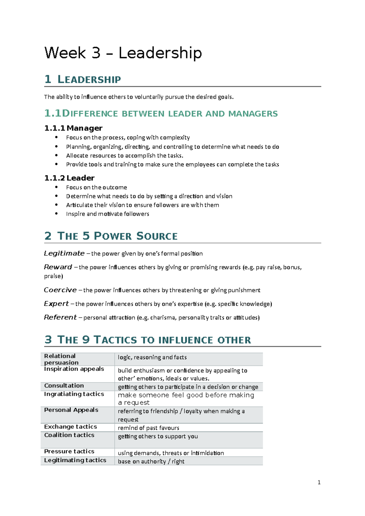 MGMT1001 W3 Leadership lecture notes - Week 3 – Leadership 1 LEADERSHIP ...