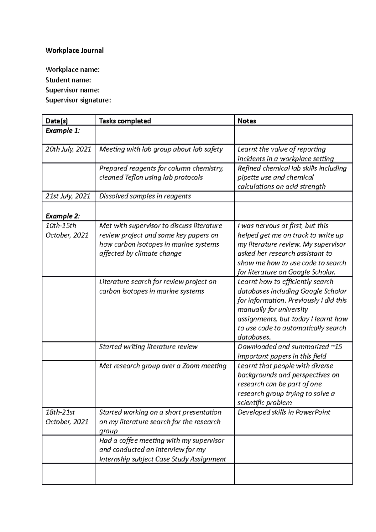 Workplace Journal template - Workplace Journal Workplace name: Student ...