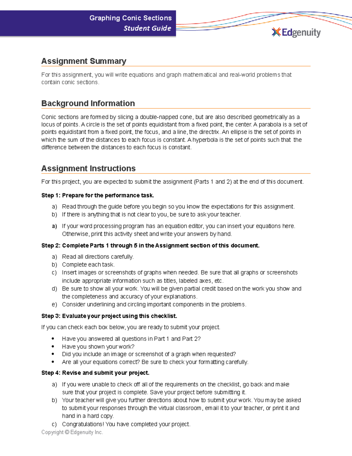 Performance Task - Graphing Conic Sections - Student Guide - Assignment Summary For this ...