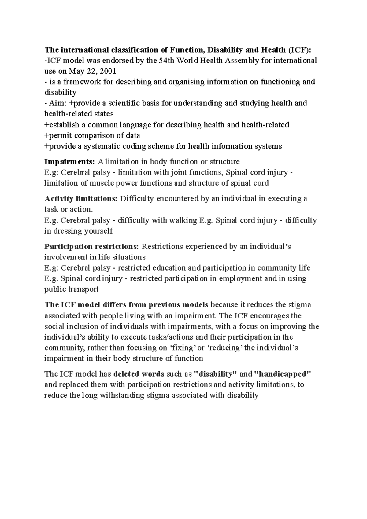 Week 1 - summary - The international classification of Function ...