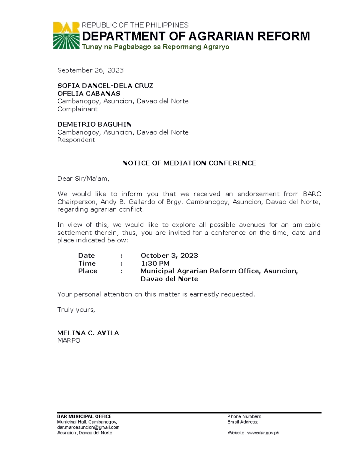 Mediation Notice - REPUBLIC OF THE PHILIPPINES DEPARTMENT OF AGRARIAN ...