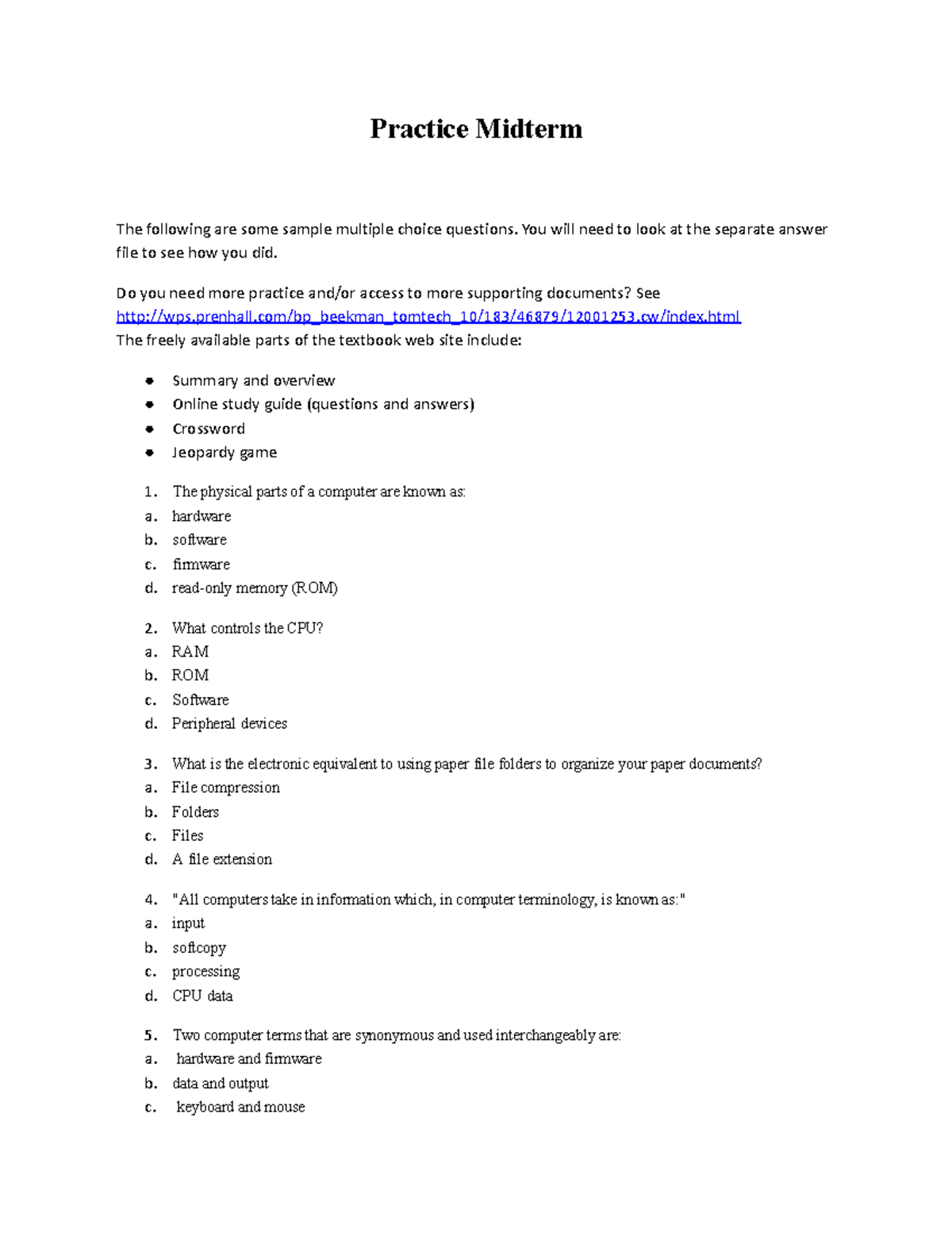 Practice Midterm Sample Questions - Studocu