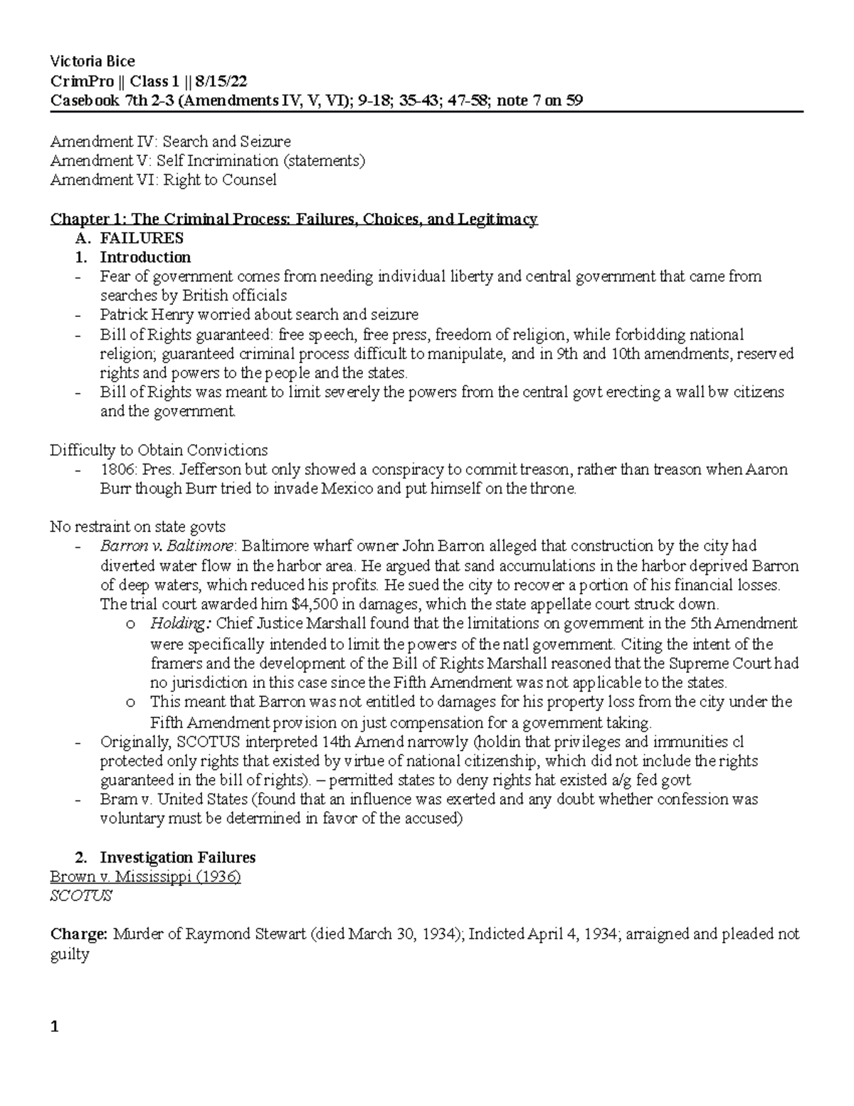Crim Pro Class 1 Book Notes Crimpro Class 1 815 Casebook 7th 2 3 Amendments Iv V Vi