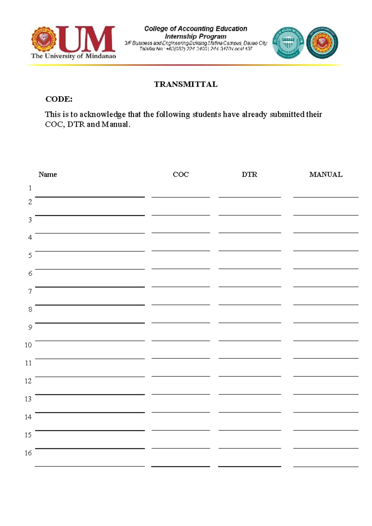 COC Manual DTR Transmittal-1 - TRANSMITTAL CODE: This is to acknowledge ...