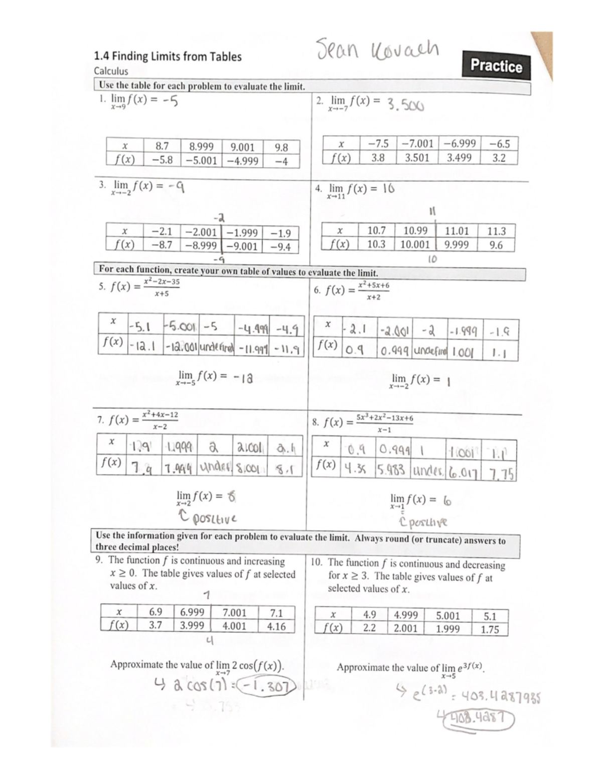 1.4 Finding Limits from Tables - 1. lim f (x) 2. lim,f(x) 3 x 8 9 9 x f ...