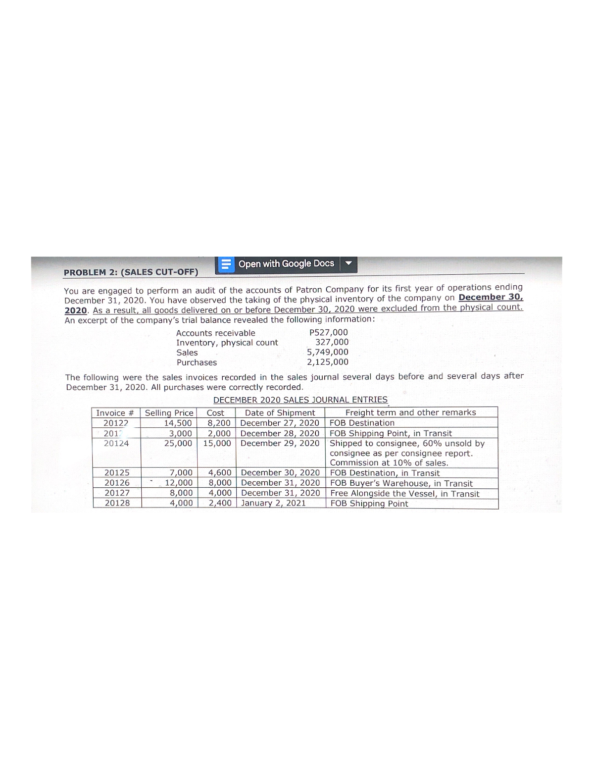 Problem 2 ( Sales CUT-OFF) - Bachelor of Science in Accountancy - Studocu