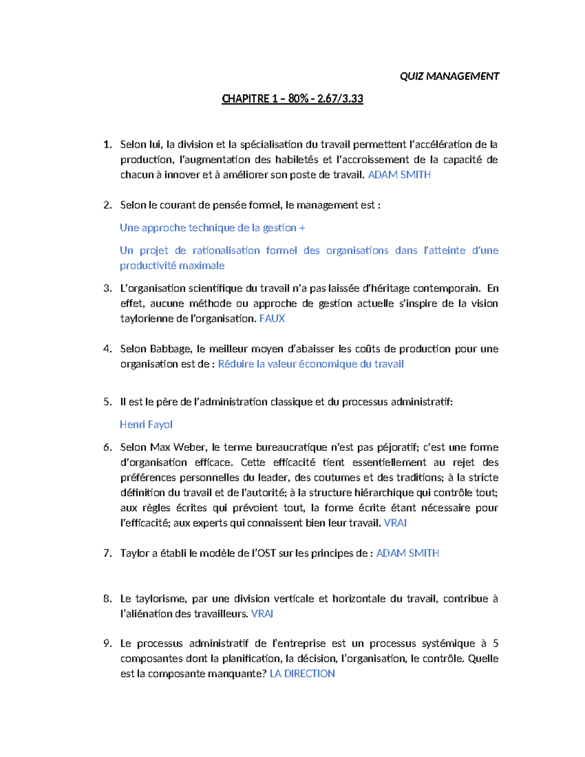 QUIZ Management - quiz faite en class avec les réponses - QUIZ ...