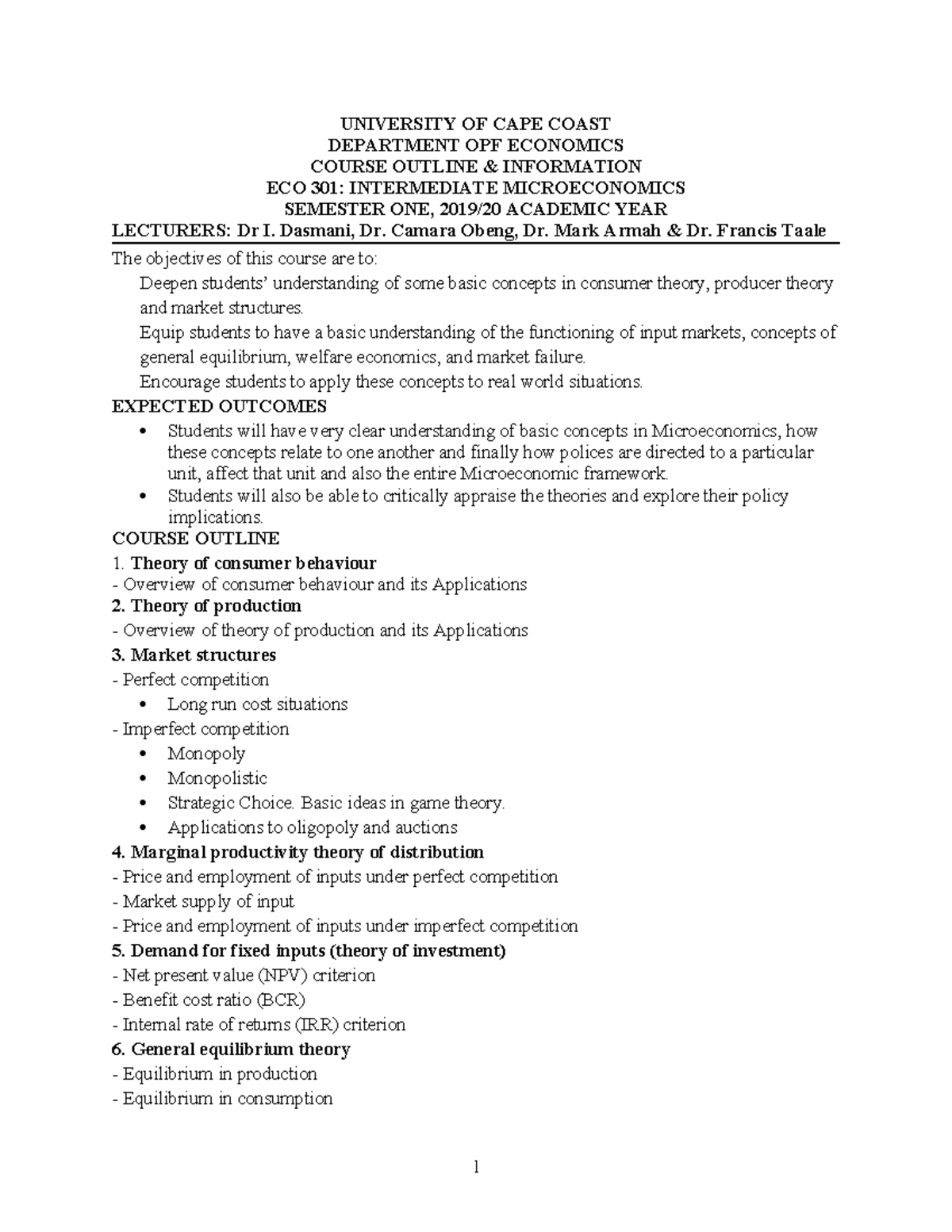 ECO 301 Course Outline 2021 - UNIVERSITY OF CAPE COAST DEPARTMENT OPF ECONOMICS COURSE OUTLINE ...