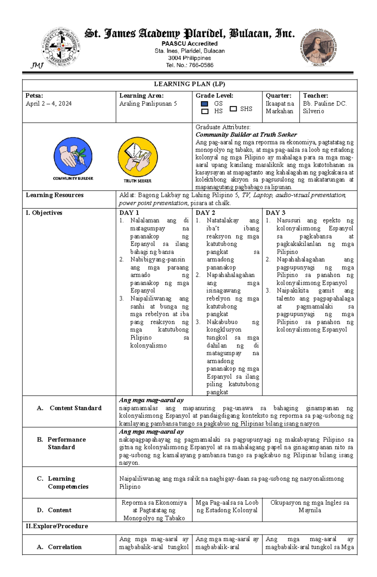 AP5 Q4 W5 LP - LEARNING PLAN (LP) Petsa: April 2 – 4, 2024 Learning ...