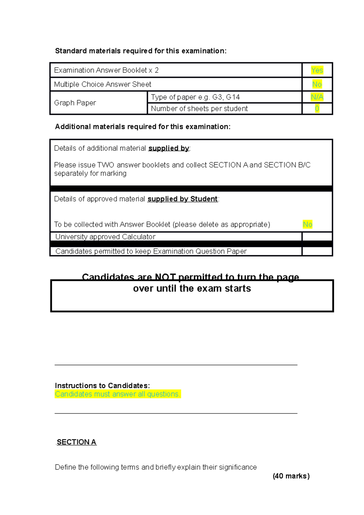 Sample (previous) exam paper copy - Standard materials required for ...
