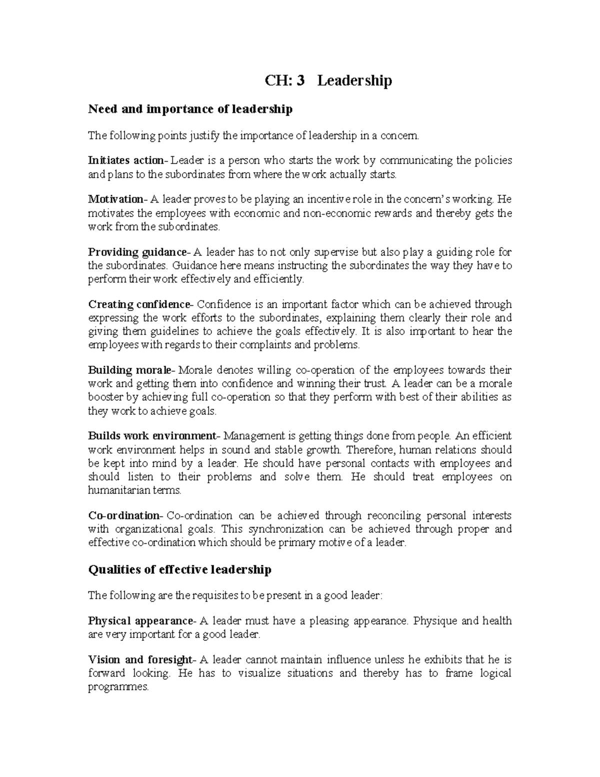 Leadership - Summary Organization Management - CH: 3 Leadership Need ...