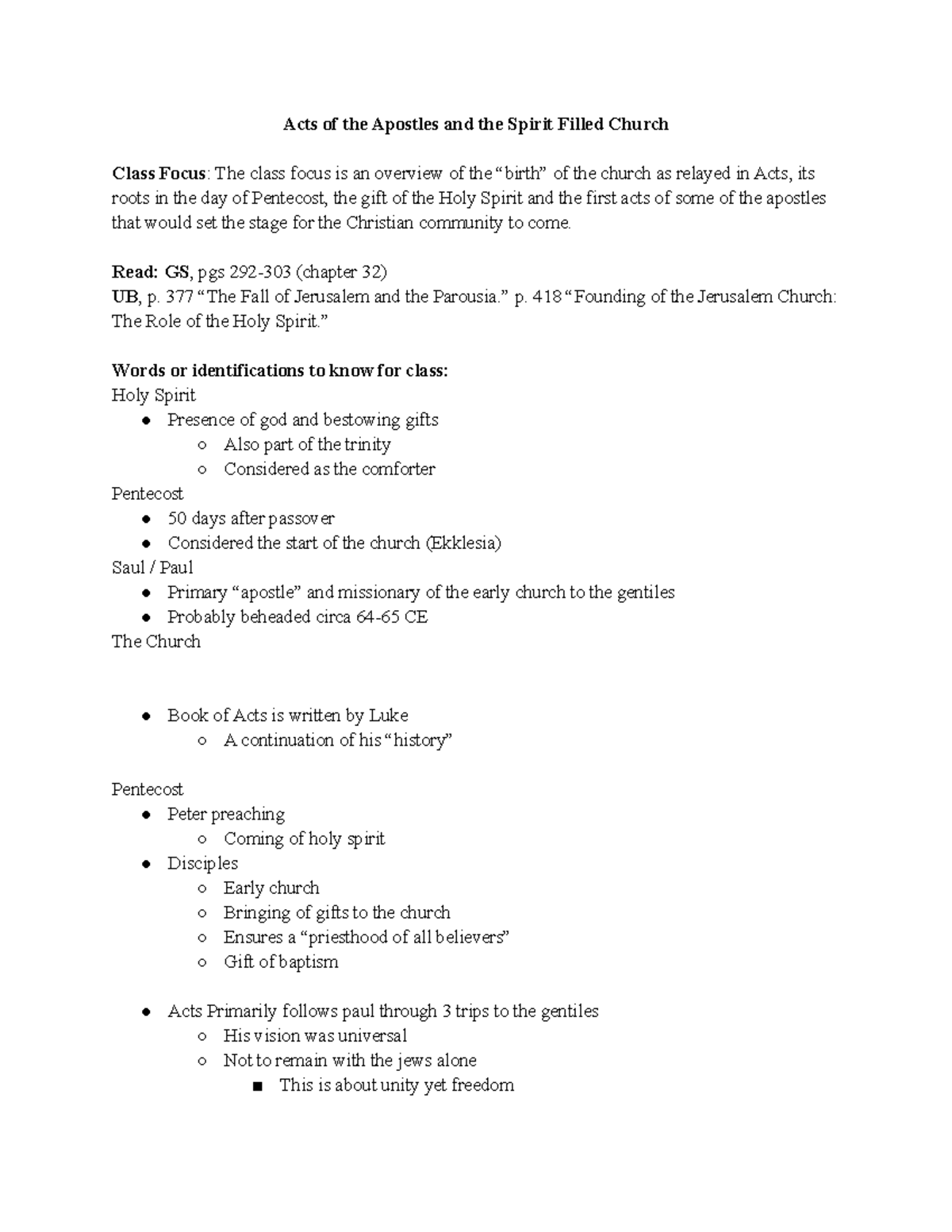 Acts of the Apostles and the Spirit Filled Church - Read: GS , pgs 292 ...