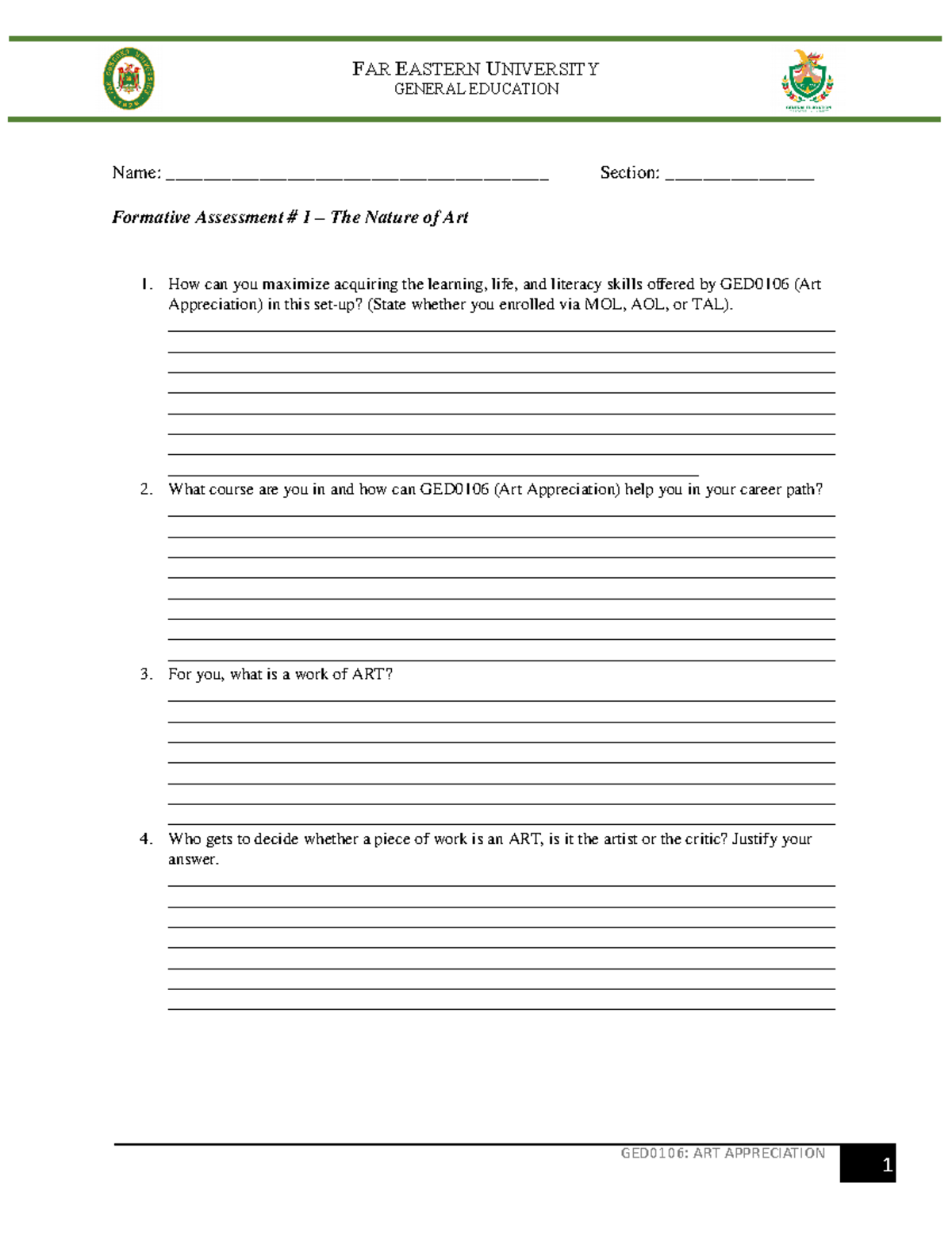 1.6 FA 1 - Student Self-Assessment and Reflection (Nature of ART ...