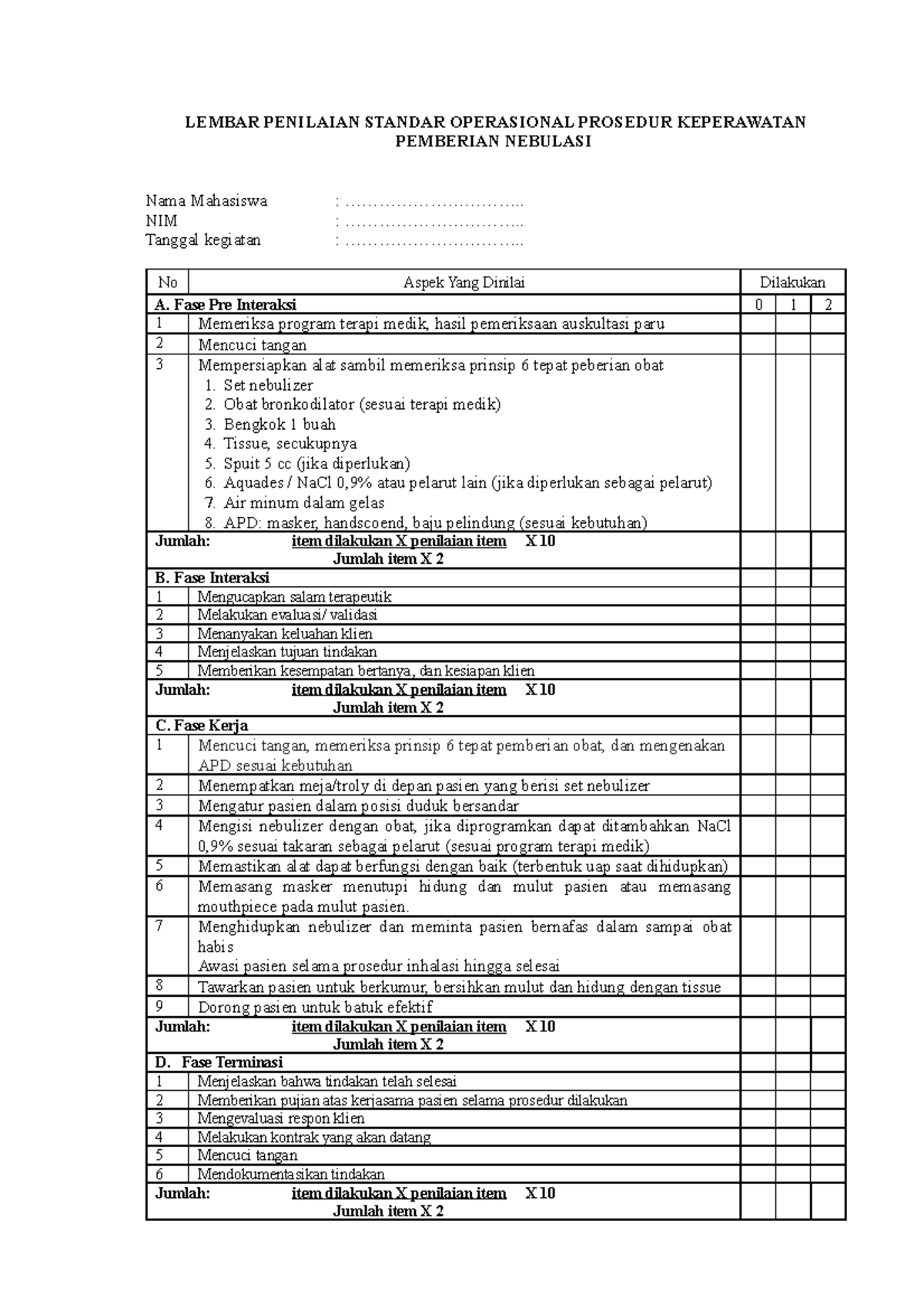 Inhalasi uap, nebulasi - LEMBAR PENILAIAN STANDAR OPERASIONAL PROSEDUR ...