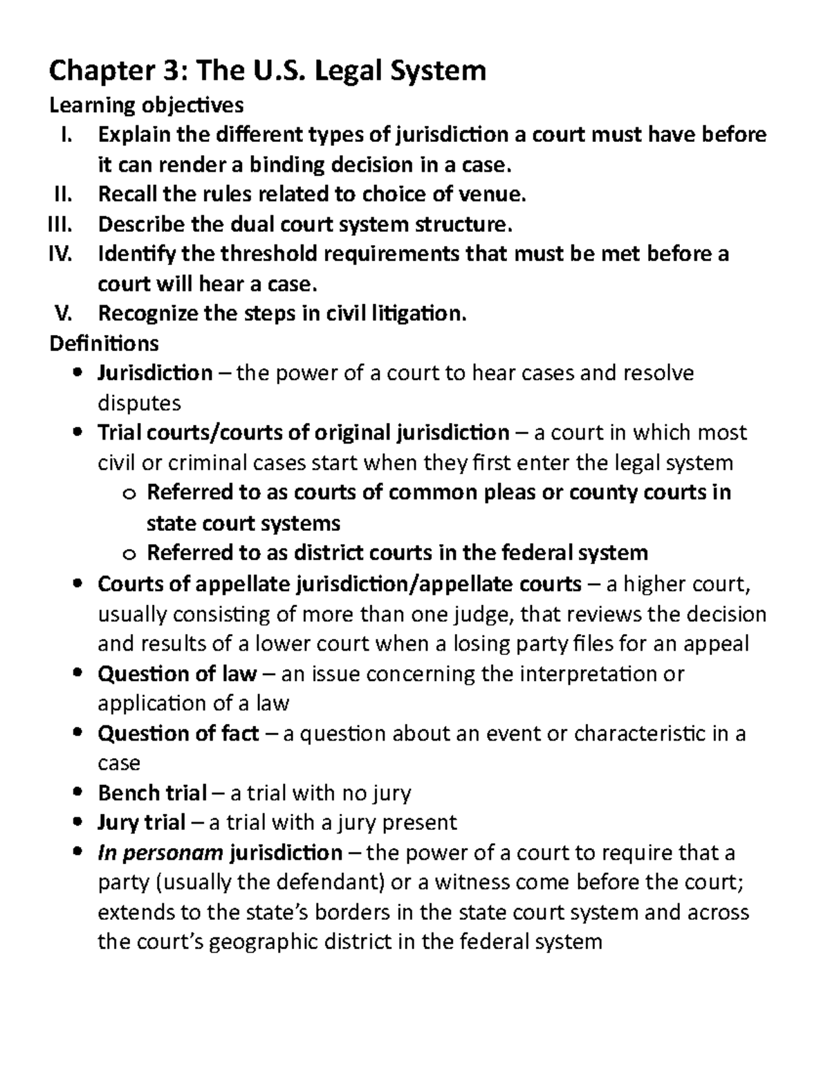 Chapter 3 notes - Chapter 3: The U. Legal System Learning objectives I ...