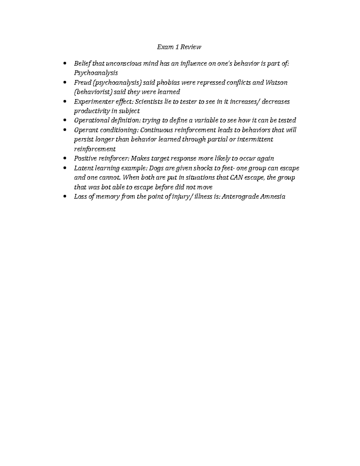 Exam 1 Review - Very brief study guide of key concepts that are on the ...