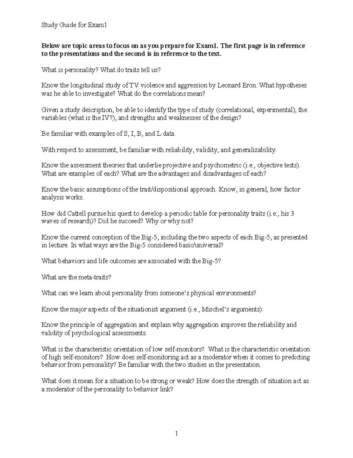 Exam1 study guide - Answers - Study Guide for Exam Below are topic ...