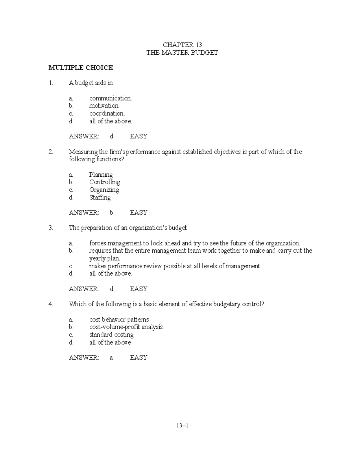 Pdfcoffee - master-budget - THE MASTER BUDGETCHAPTER 13 MULTIPLE CHOICE A budget aids in a ...
