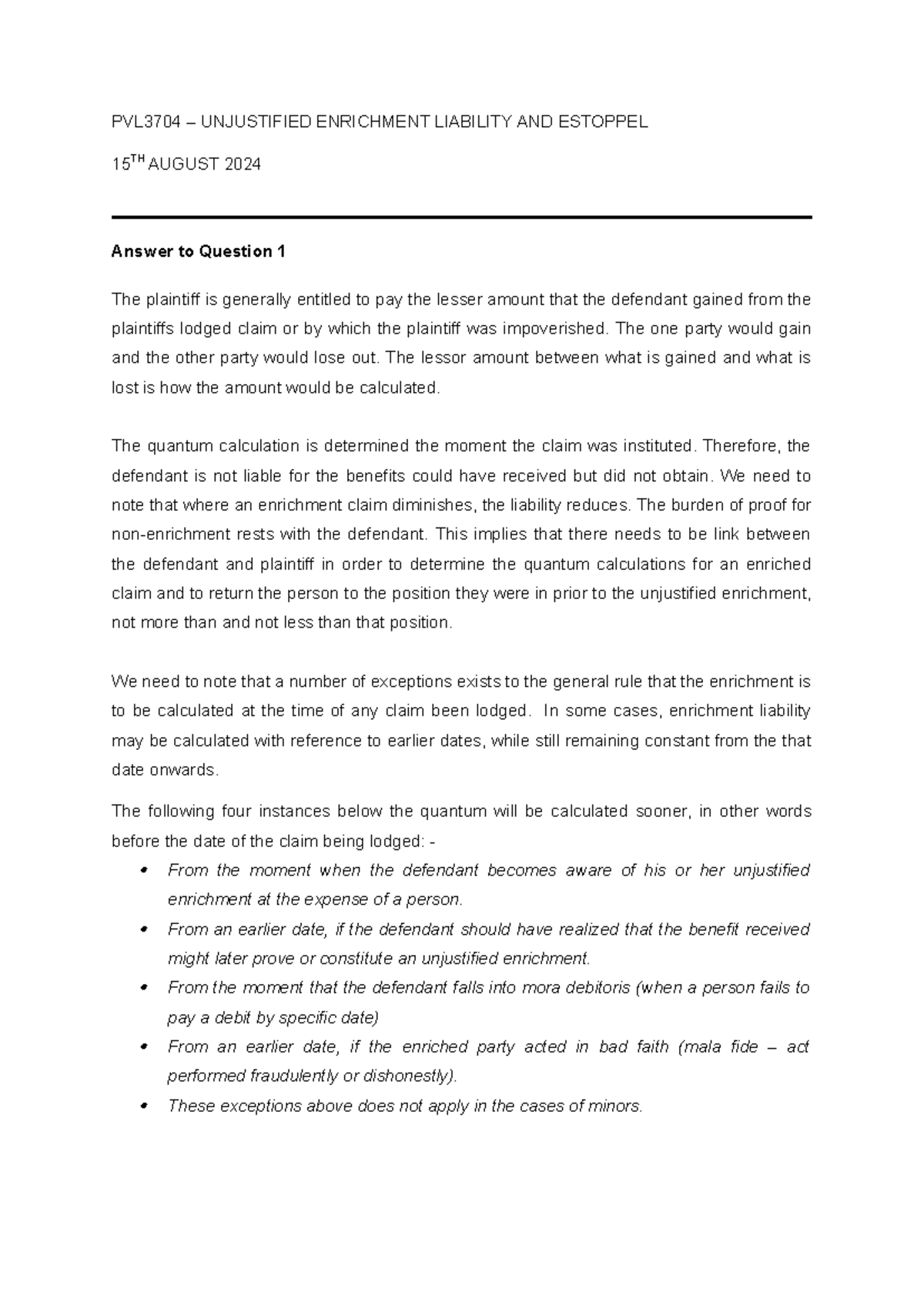 Assignment 1 - PVL3704 – UNJUSTIFIED ENRICHMENT LIABILITY AND ESTOPPEL ...