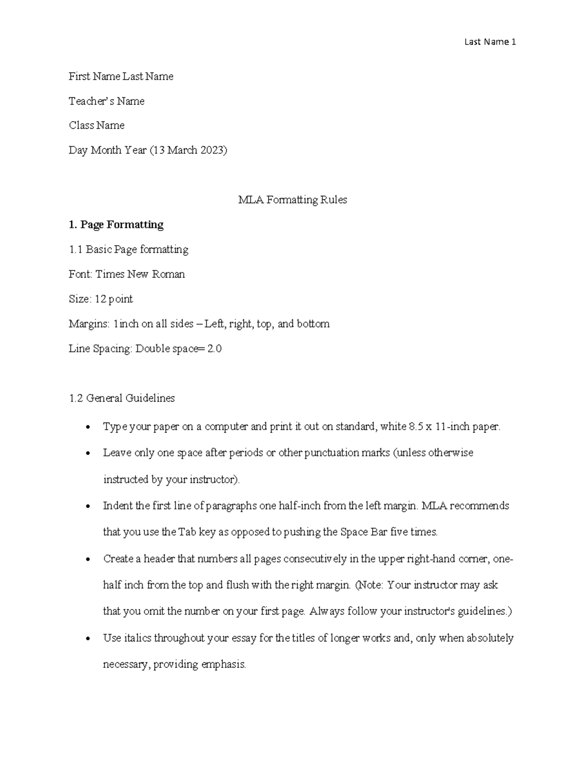 MLA guide final - Useful for MLA formatting - First Name Last Name ...