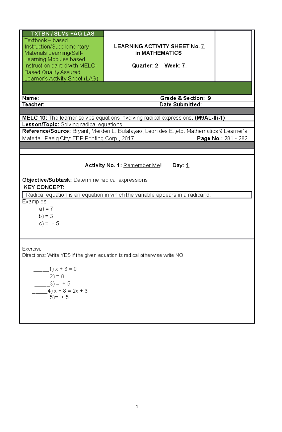 7 LAS M9 MELC 10 11 WEEK 7 - TXTBK / SLMs +AQ LAS LEARNING ACTIVITY SHEET No. 7 in MATHEMATICS ...