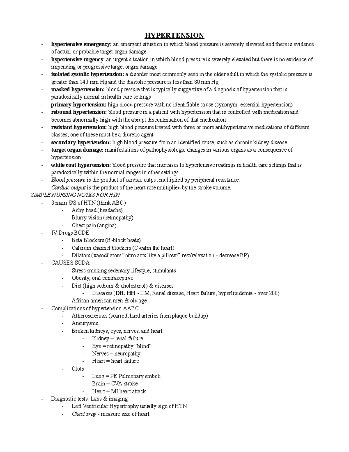 Med Surg Study guide for exam 1 (HTN, atherosclerosis, PVD, respiratory ...