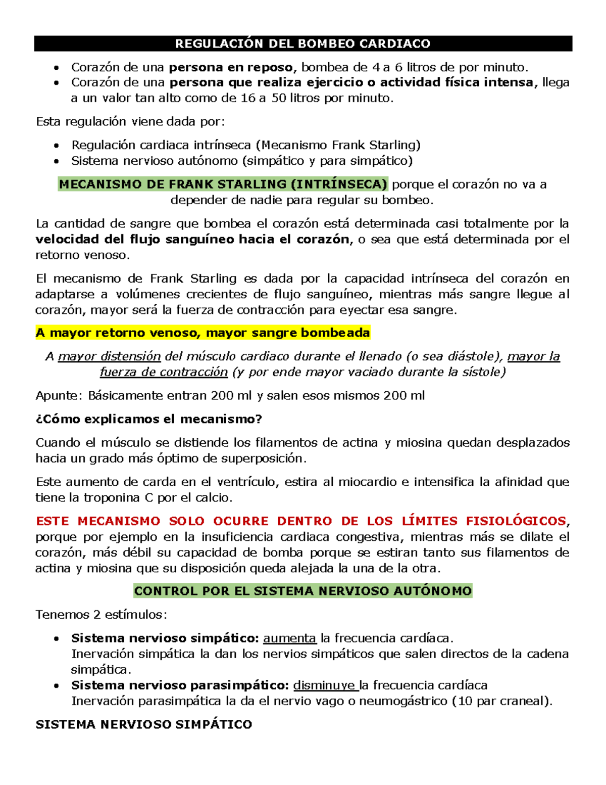 Apuntes Unidad 2 - Cardiología - REGULACIÓN DEL BOMBEO CARDIACO Corazón ...
