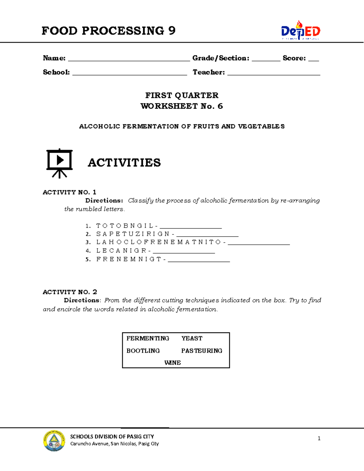 Sptve 9-FOOD Processing TECH9-Q1-DW6 - 1 FOOD PROCESSING 9 SCHOOLS ...