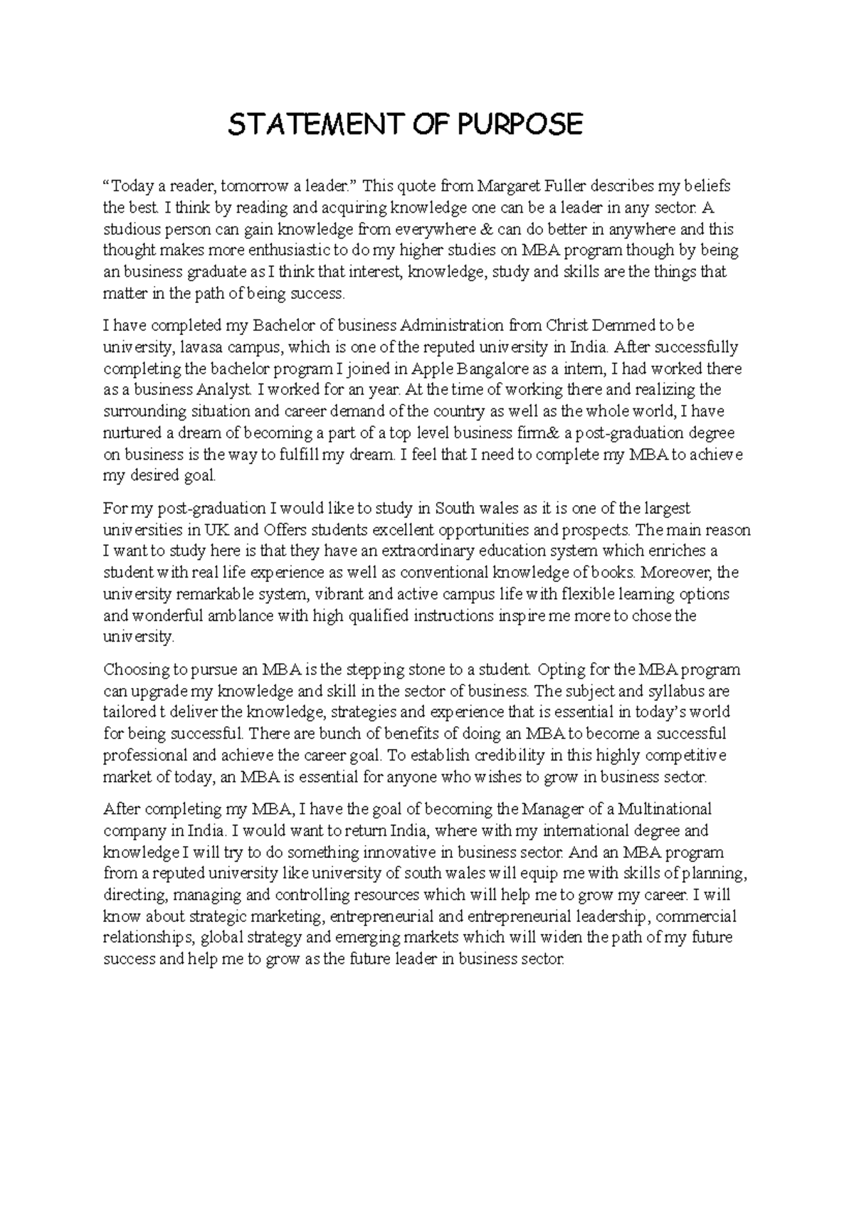 SOP - sop - STATEMENT OF PURPOSE “Today a reader, tomorrow a leader ...