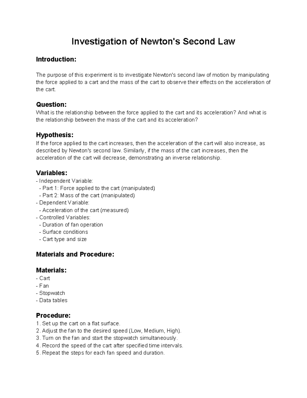 Investigation of Newton's Second Law - Investigation of Newton's Second ...