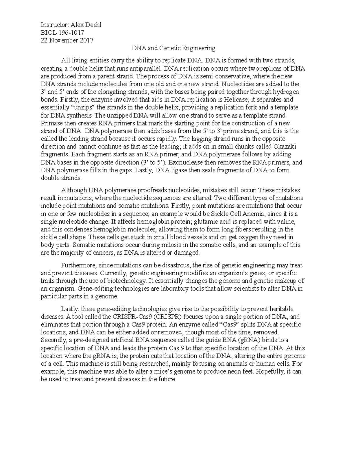 DNA and Genetic Engineering - Instructor: Alex Deehl BIOL 196-1017 22 ...