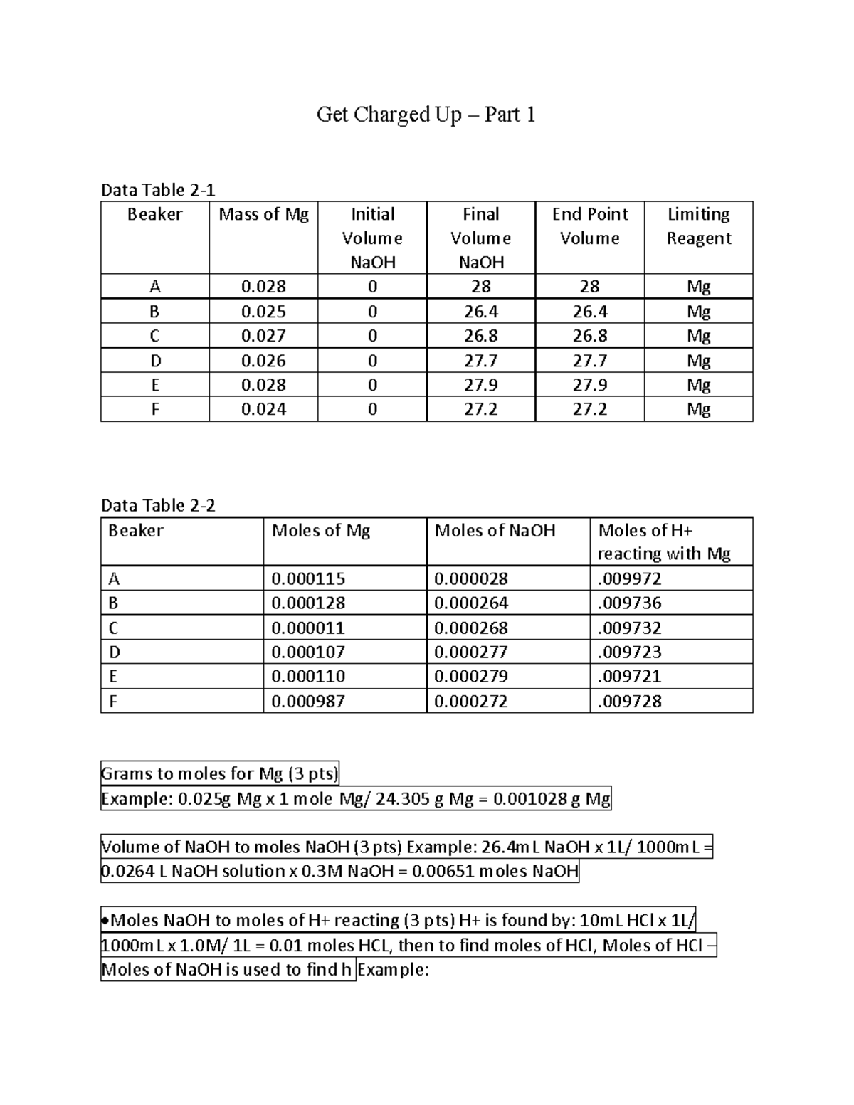 Get Charged Up Week 1 - Get Charged Up – Part 1 Data Table 2- 1 Beaker ...