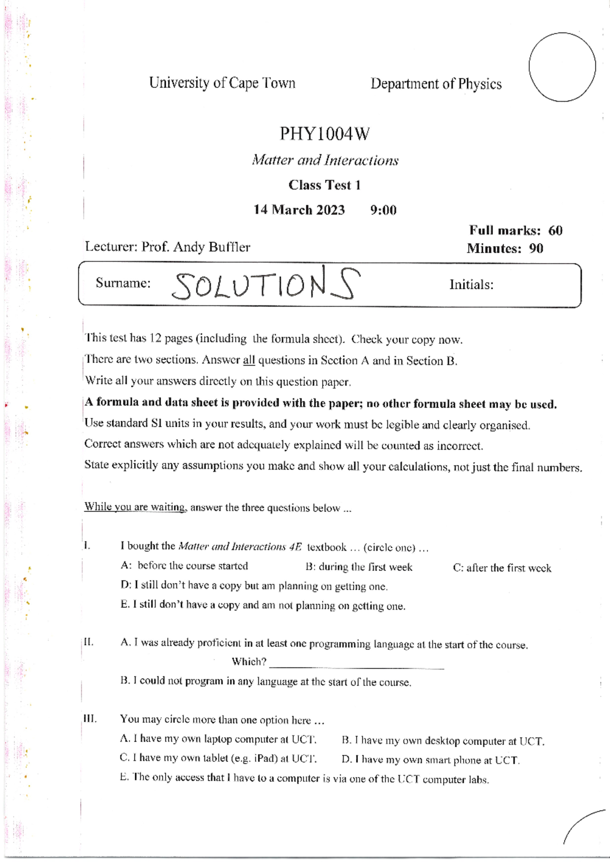 PHY1004W CT1 2023 MEMO - PHY1004W - Studocu