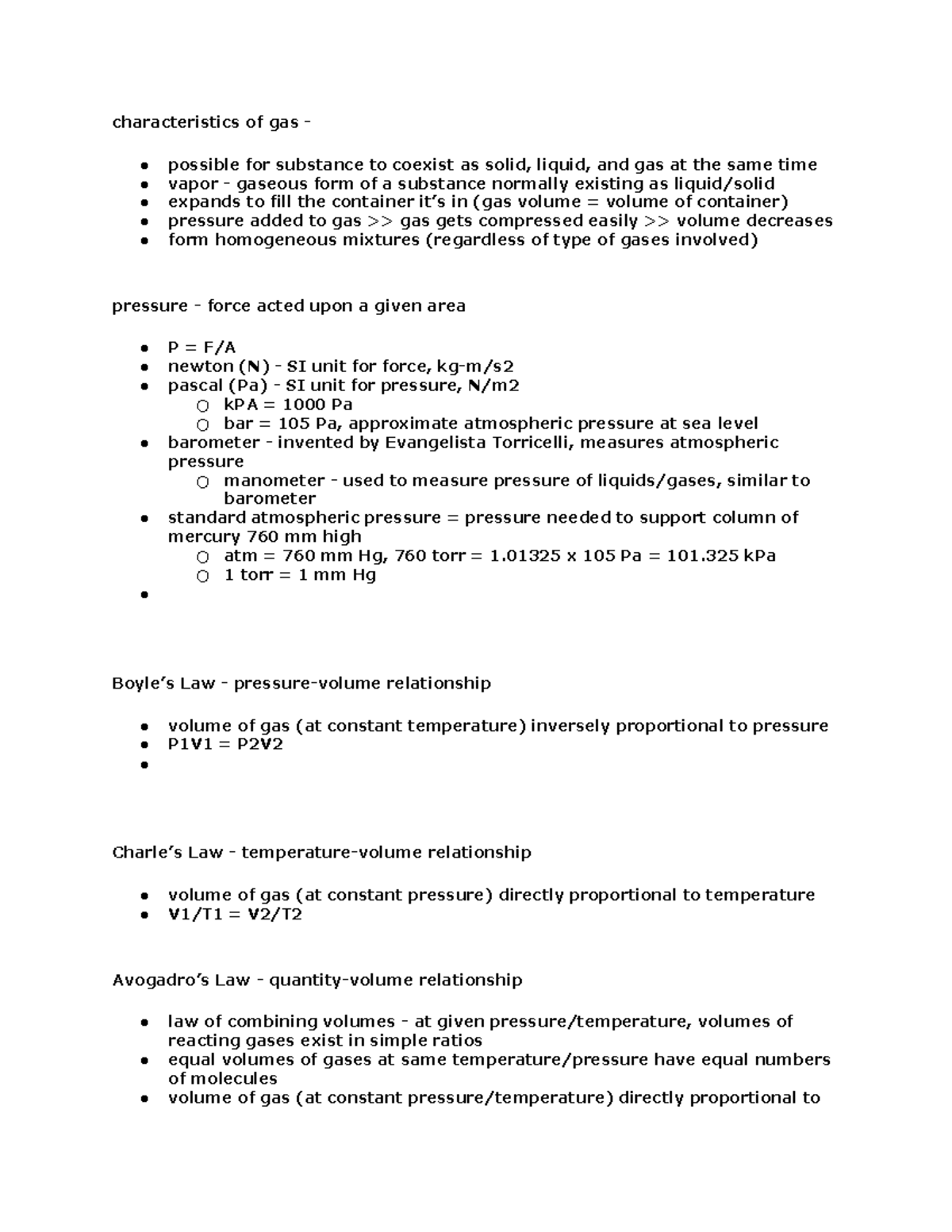 Laws of gas - Instructor given chemistry II notes. - characteristics of ...