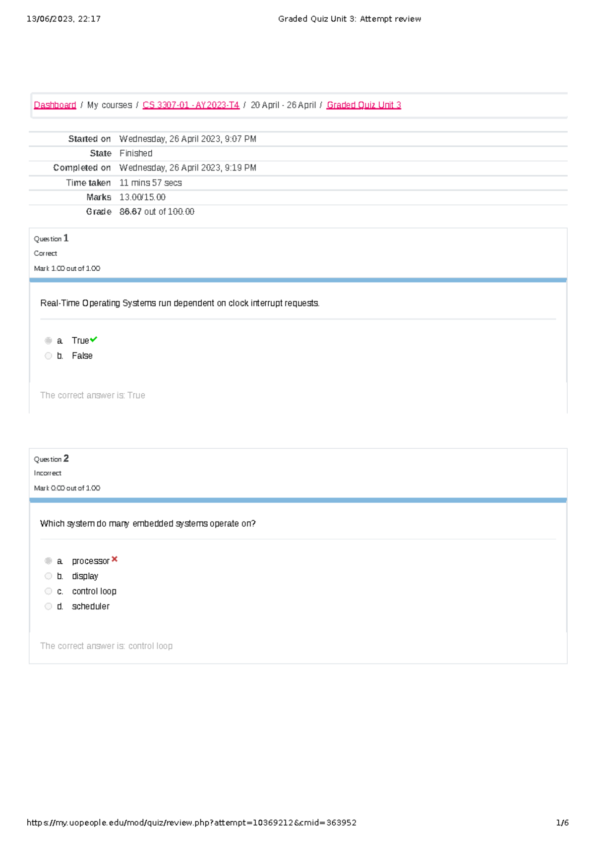 Graded Quiz Unit 3 CS 3307-01 Operating Systems 2 - Started on ...