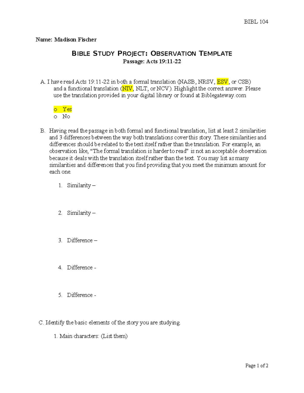 Bible Study Project Observation Template - BIBL 104 Name: Madison ...