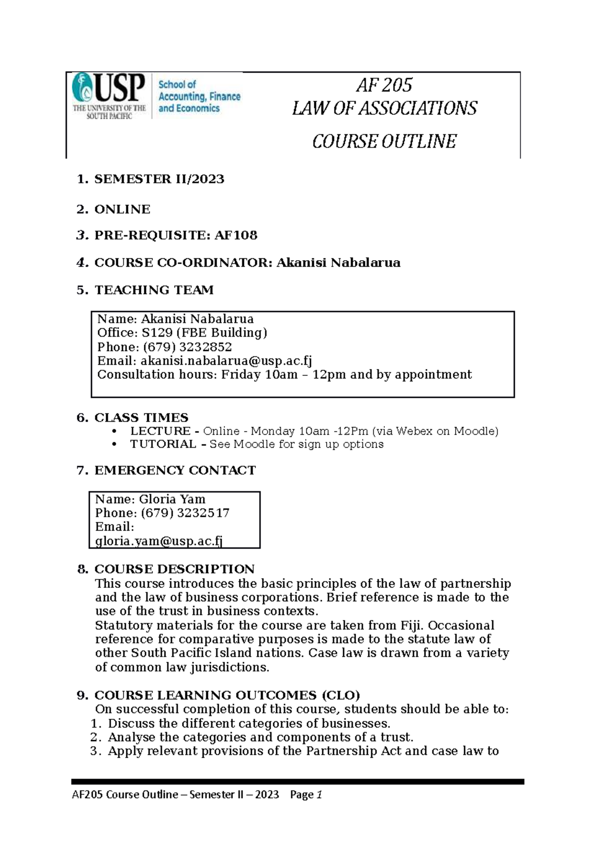 AF205 Course Outline 2023 Semester 2 (Online Mode) Draft - AF 205 LAW ...