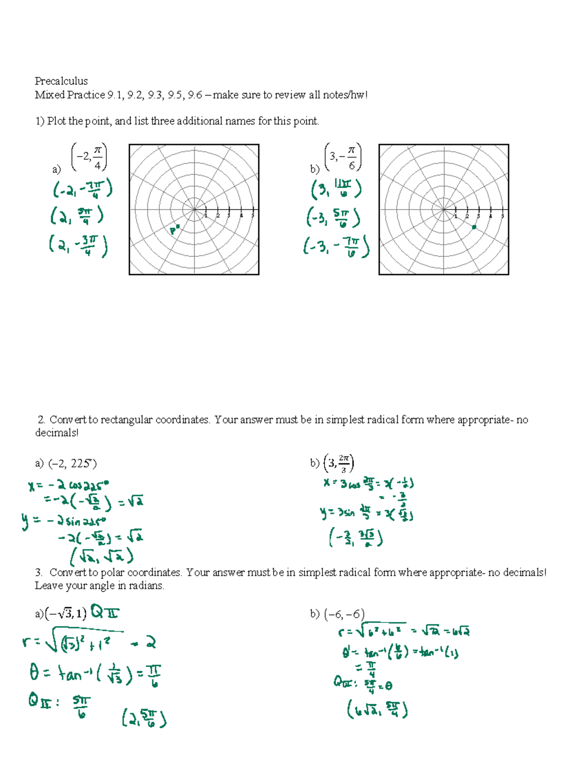 Polar Review Answer Key - Precalculus Mixed Practice 9, 9, 9, 9, 9 ...