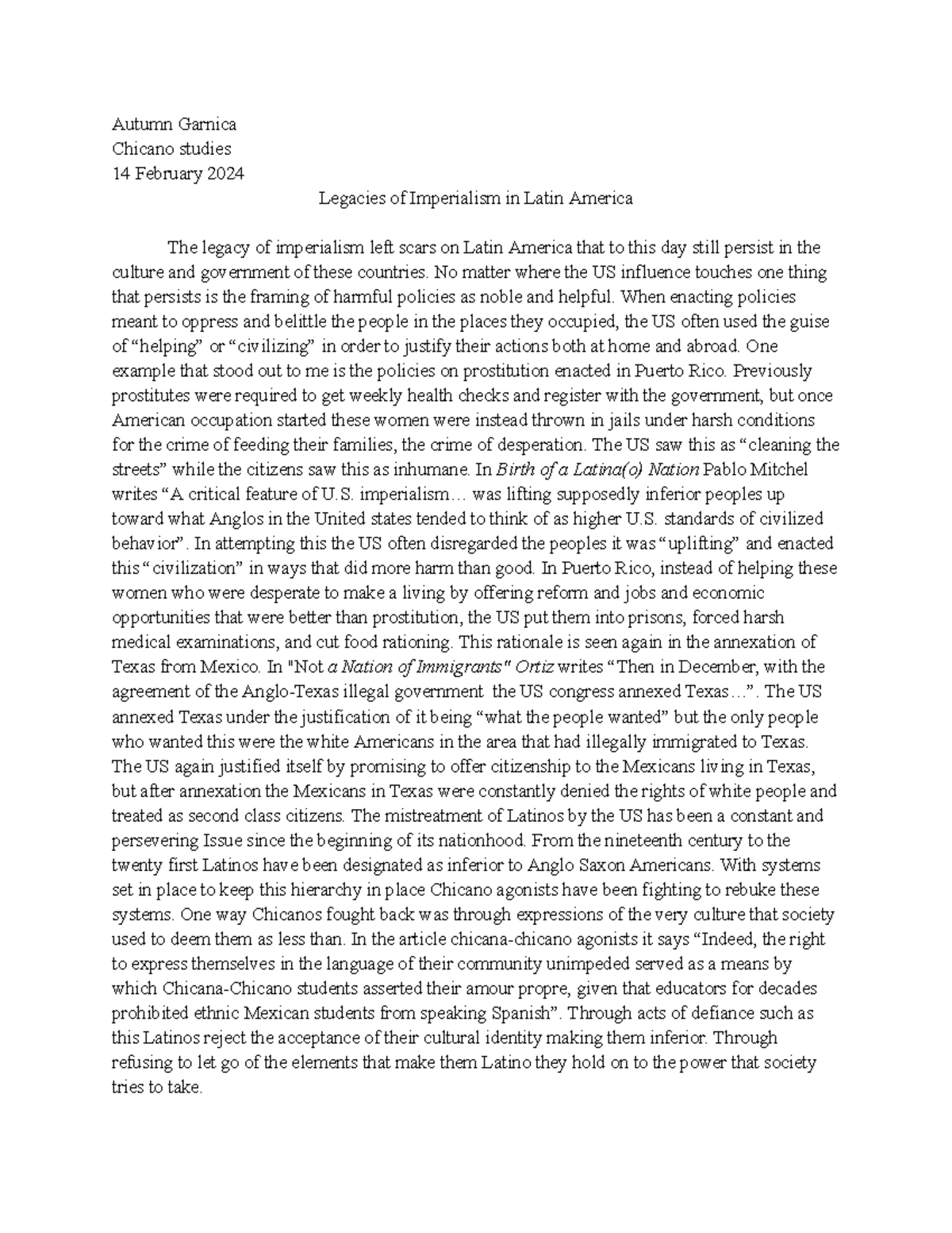Reflection paper 1 - Autumn Garnica Chicano studies 14 February 2024 ...